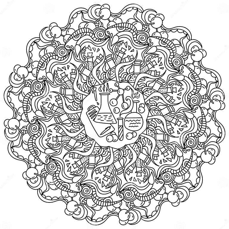 Contour Mandala on Science Theme, Coloring Page with Various Scientific ...