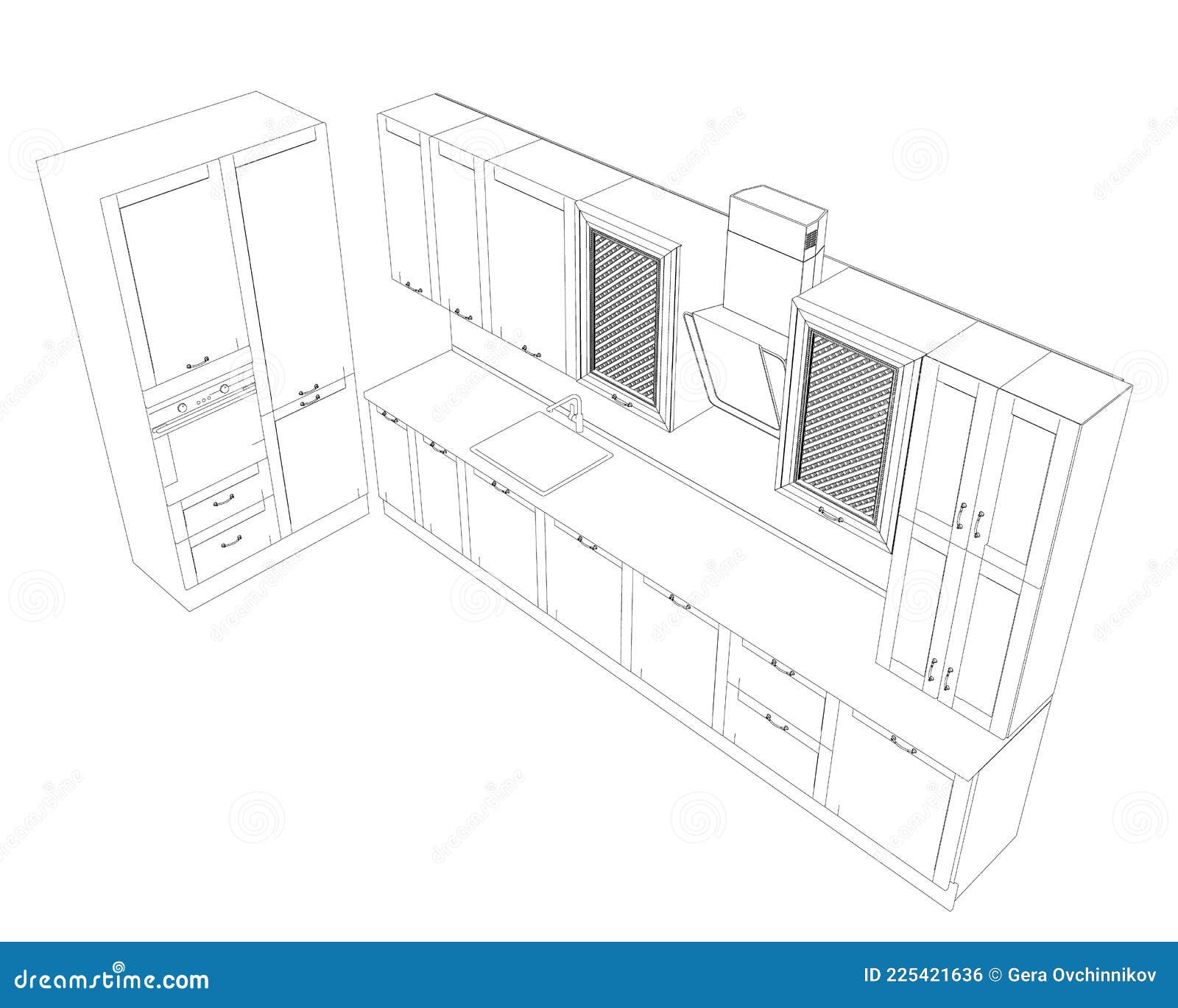 Contour of Modern Kitchen Isolated on White Background. Isometric View ...