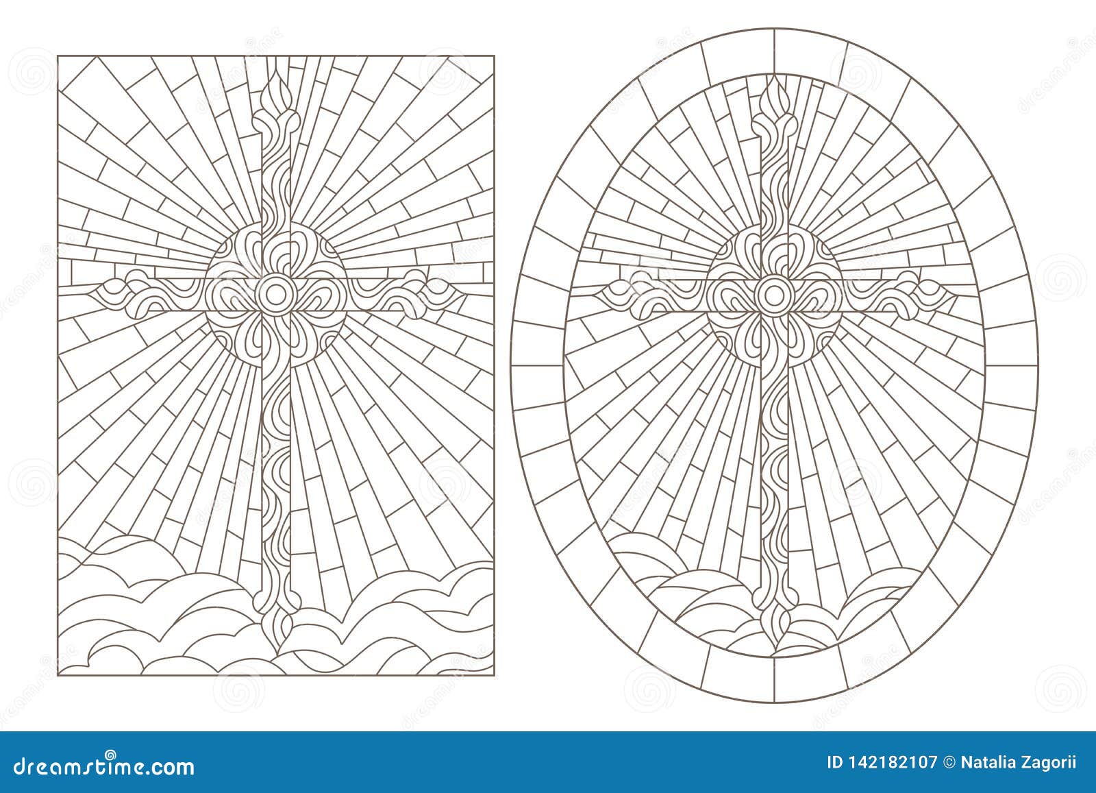 Contour Set with Illustrations of Stained Glasses with Christian Cross ...