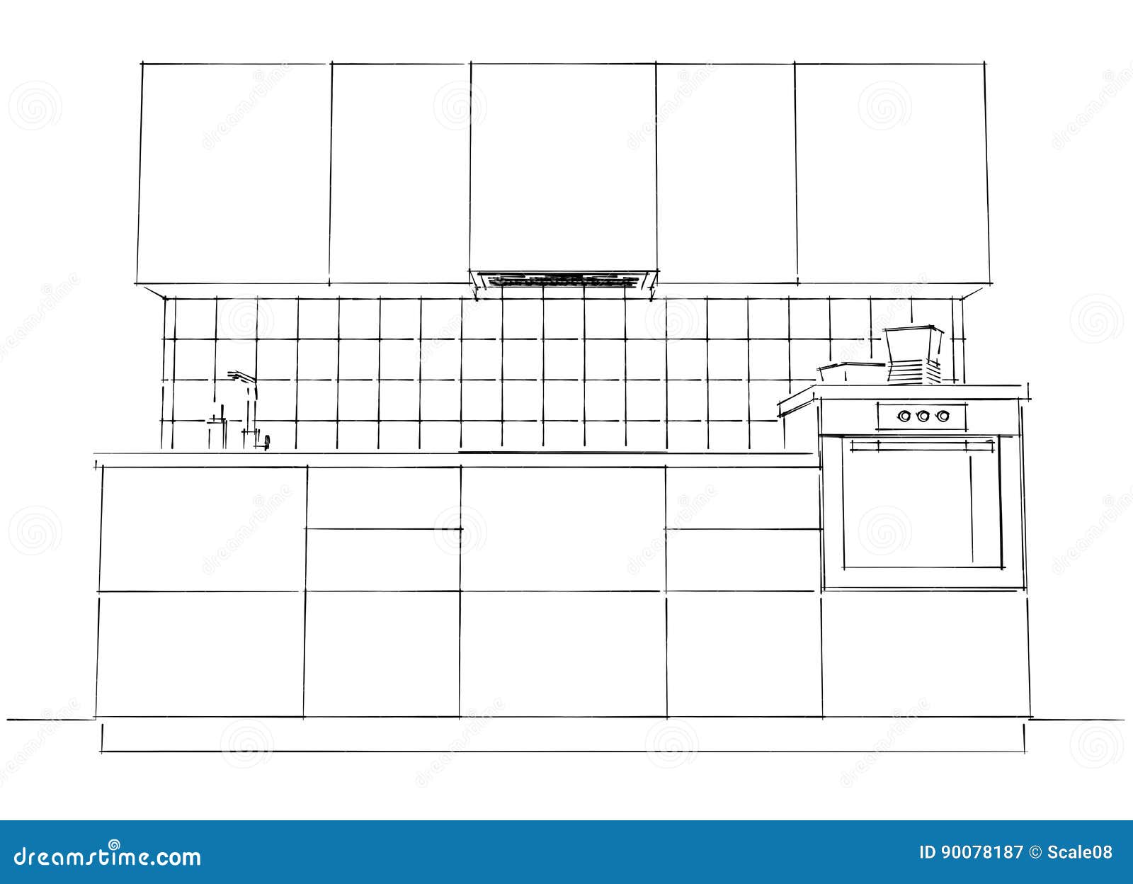 Contour Sketch Illustration of Contemporary Kitchen Black and White ...