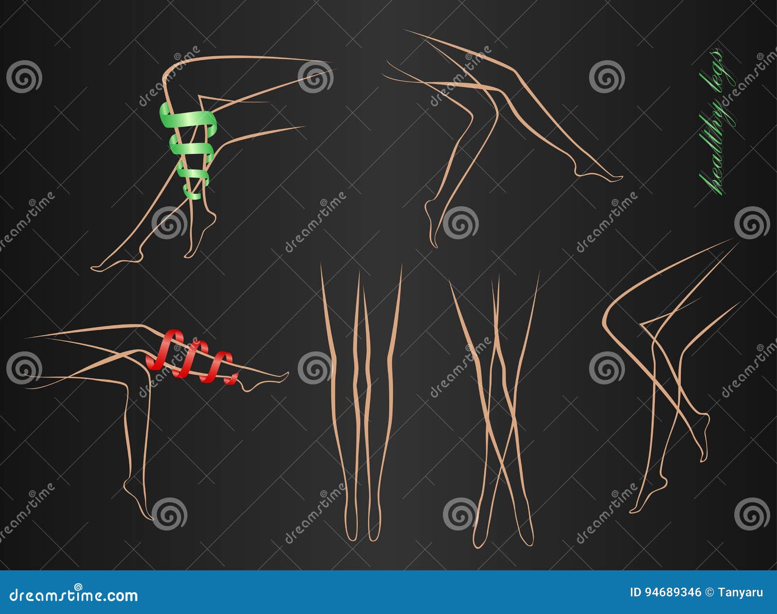 Contours of Shapely Female Legs in Various Poses on a Black Background ...