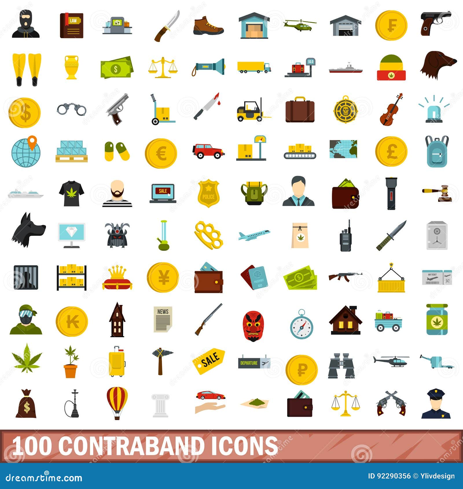 100 Contraband Icons Set, Flat Style Stock Vector - Illustration of ...