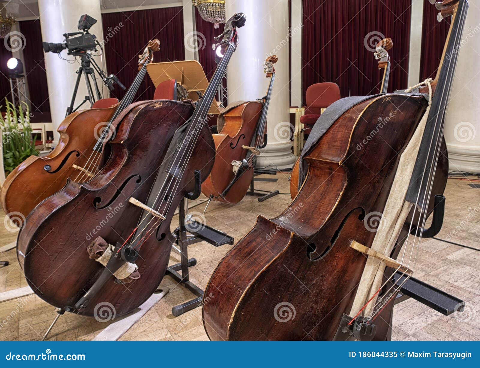 Contrabass on Stage in Front of an Empty Hall Stock Image - Image of ...