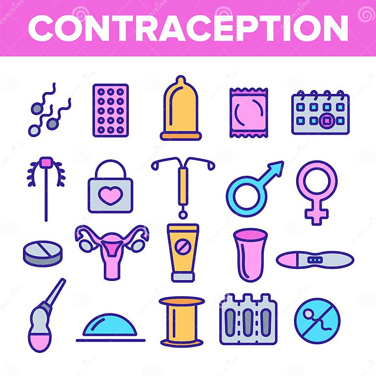 Contraception Linear Vector Icons Set Thin Pictogram Stock Vector
