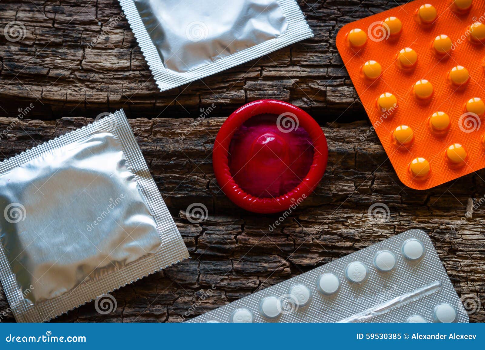 Contraceptive Condoms And Birth Control Pills On Table Stock Image Image Of Lipstick Medical
