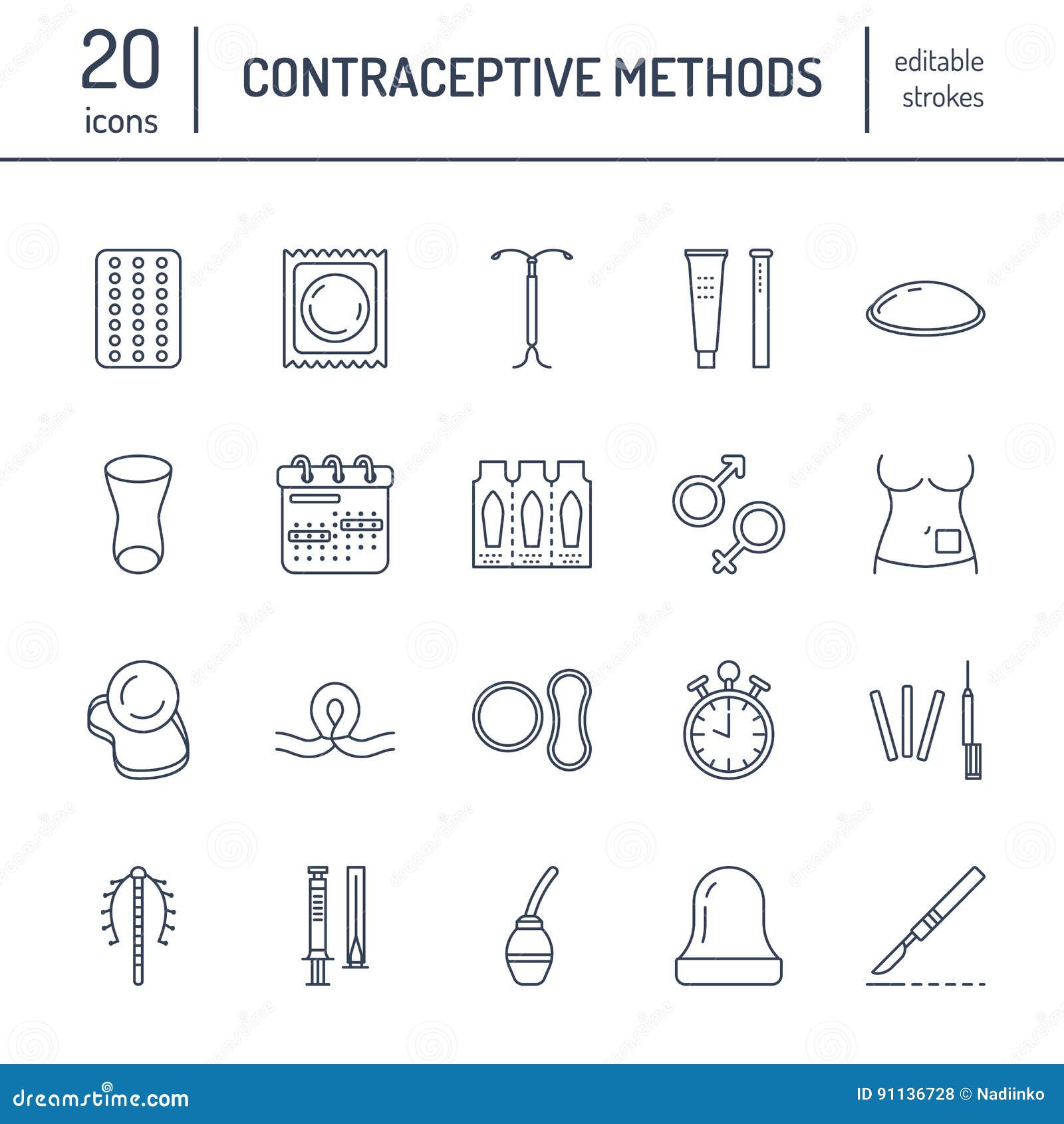 Contraceptive Methods Line Icons Birth Control Equipment Condoms