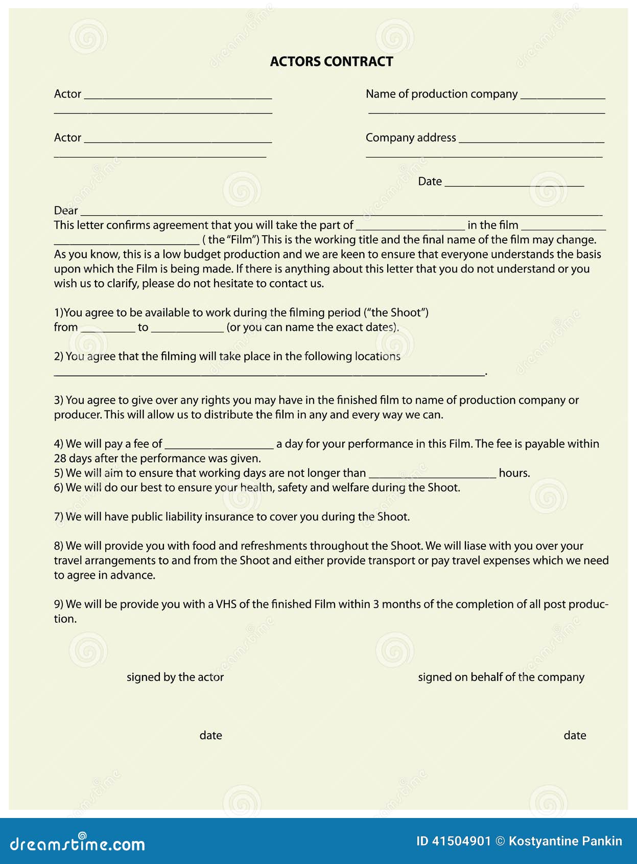 Contract for the actor stock vector. Illustration of condition - 41504901