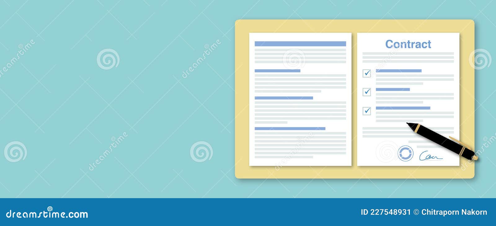 Contract Document with Rubber Stamp and Pen on Blue Background. Stock ...