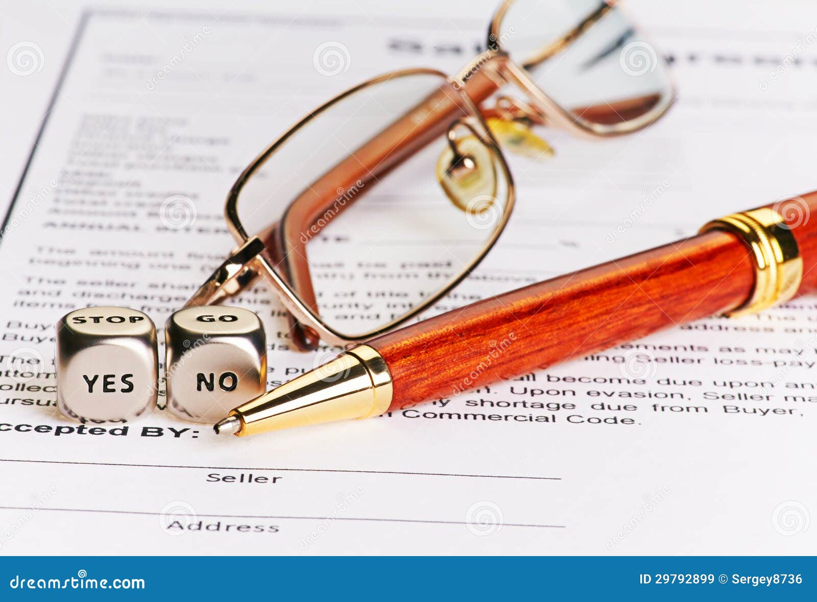 Contract with Glasses, Pen and Dices Cubes with Words YES NO. Stock ...