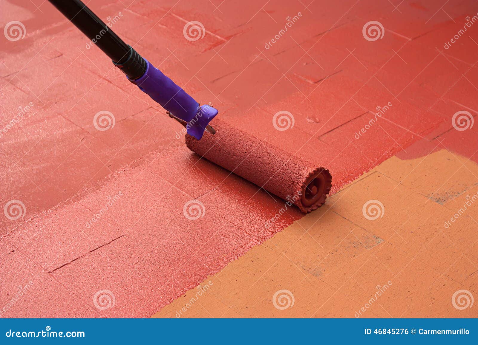 Contract Painter Painting a Floor on Color Red Stock Photo - Image of ...