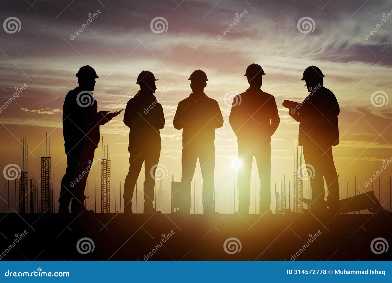 Contractor Concept Sunset Teamwork On Construction Project, Safety ...