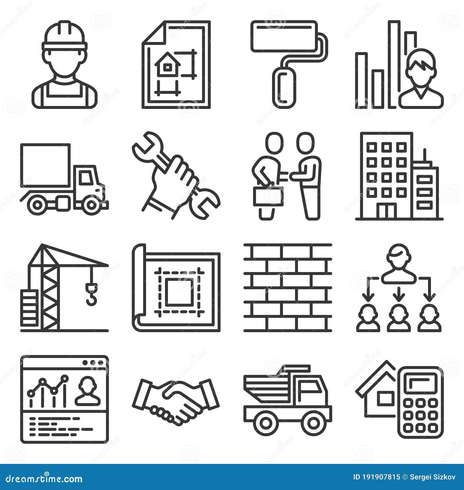 Contractor and Construction Icons Set on White Background. Vector Stock ...