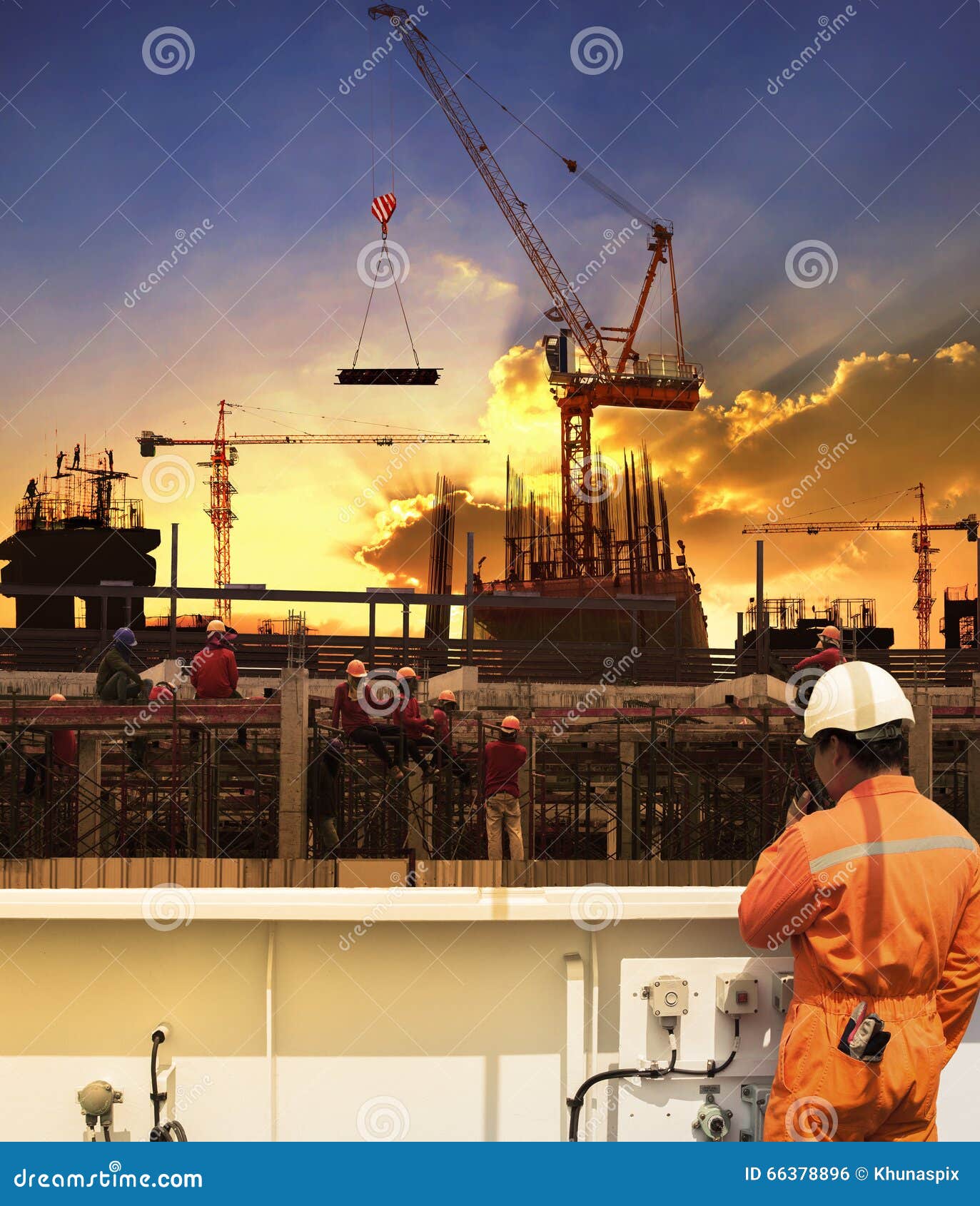 Contractor and Construction Worker Working in Building Construct Stock ...