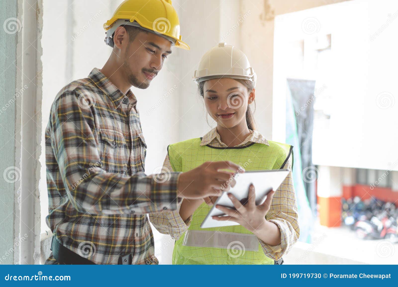 Contractor and Engineer Inspecting Material in Construction Building ...