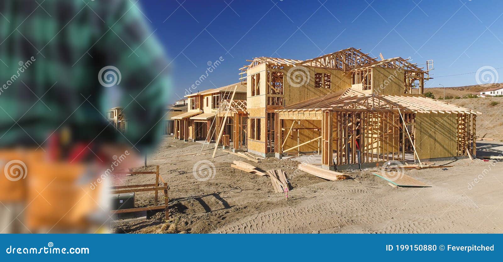 Contractor in Front New House Wood Framing at Construction Site Stock ...