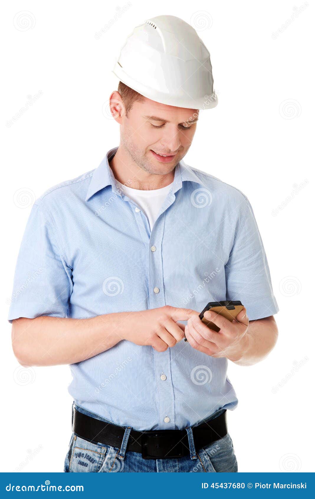 Contractor in Hardhat Using His Cell Phone Stock Photo - Image of ...