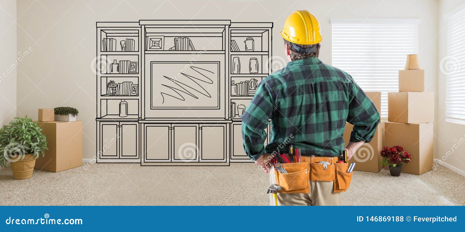 Contractor Inside Room with Boxes Facing Entertainment Unit Drawing on ...