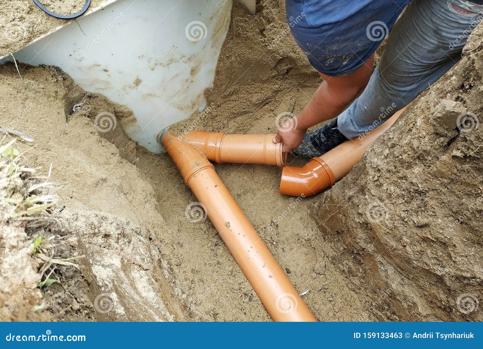 The Contractor Installs a Sewer in a Ditch and Leads the Pipe To the ...