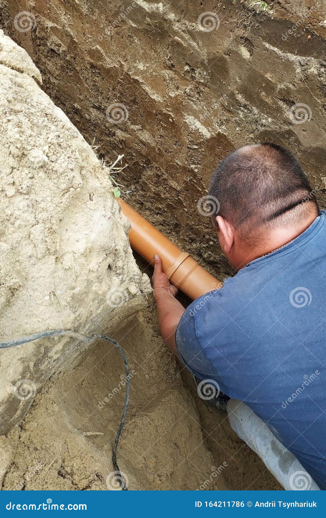 The Contractor Installs a Sewer in a Ditch and Leads the Pipe To the ...