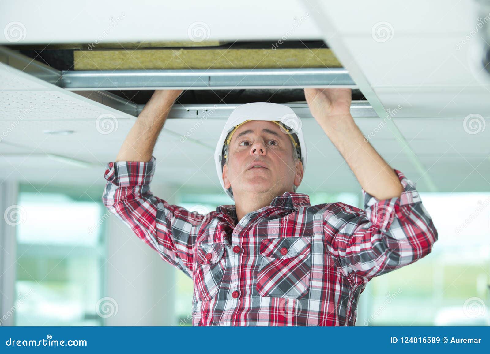 Contractor Lifting Ceiling Panel Stock Image - Image of building, panel ...
