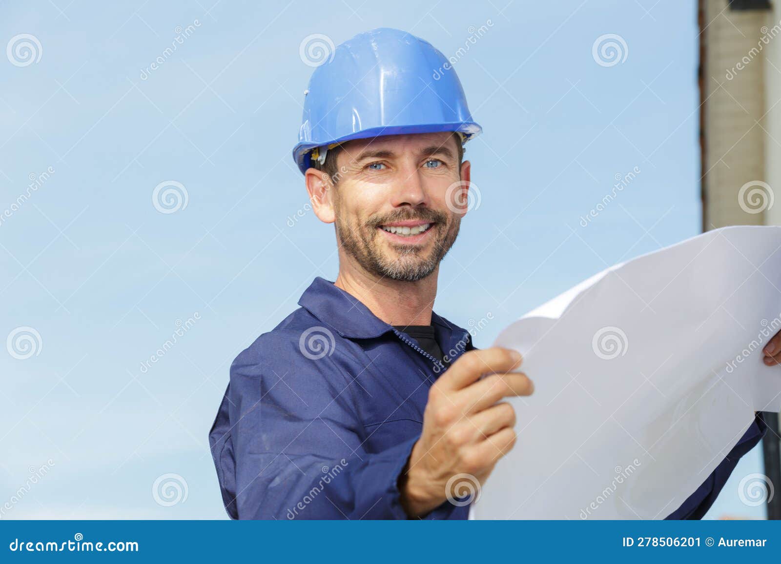 Contractor Man with Helmet Holding Blueprints Stock Image - Image of ...