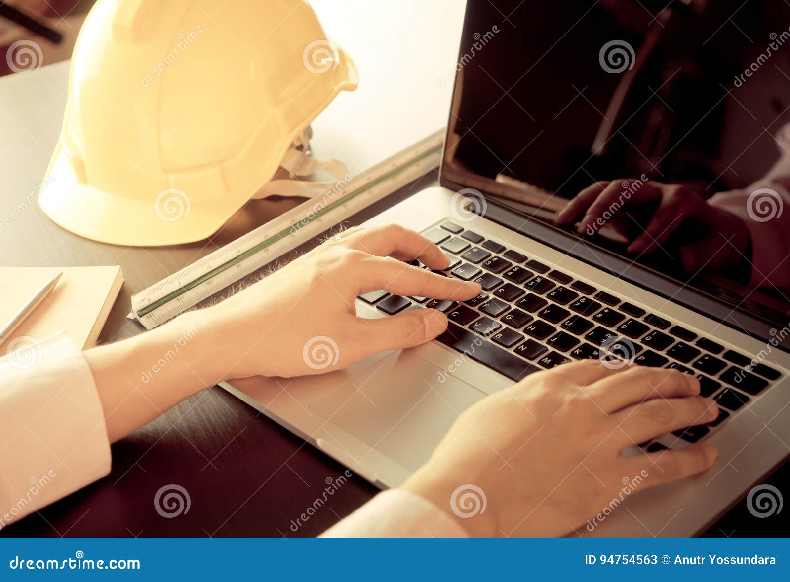 Contractor Manager is Working on Computer Office Table Stock Image ...