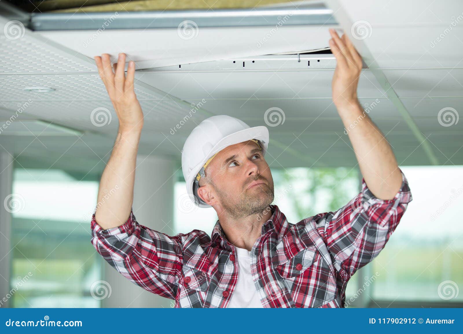 Contractor Replacing Ceiling Panel Stock Photo - Image of hardhat ...