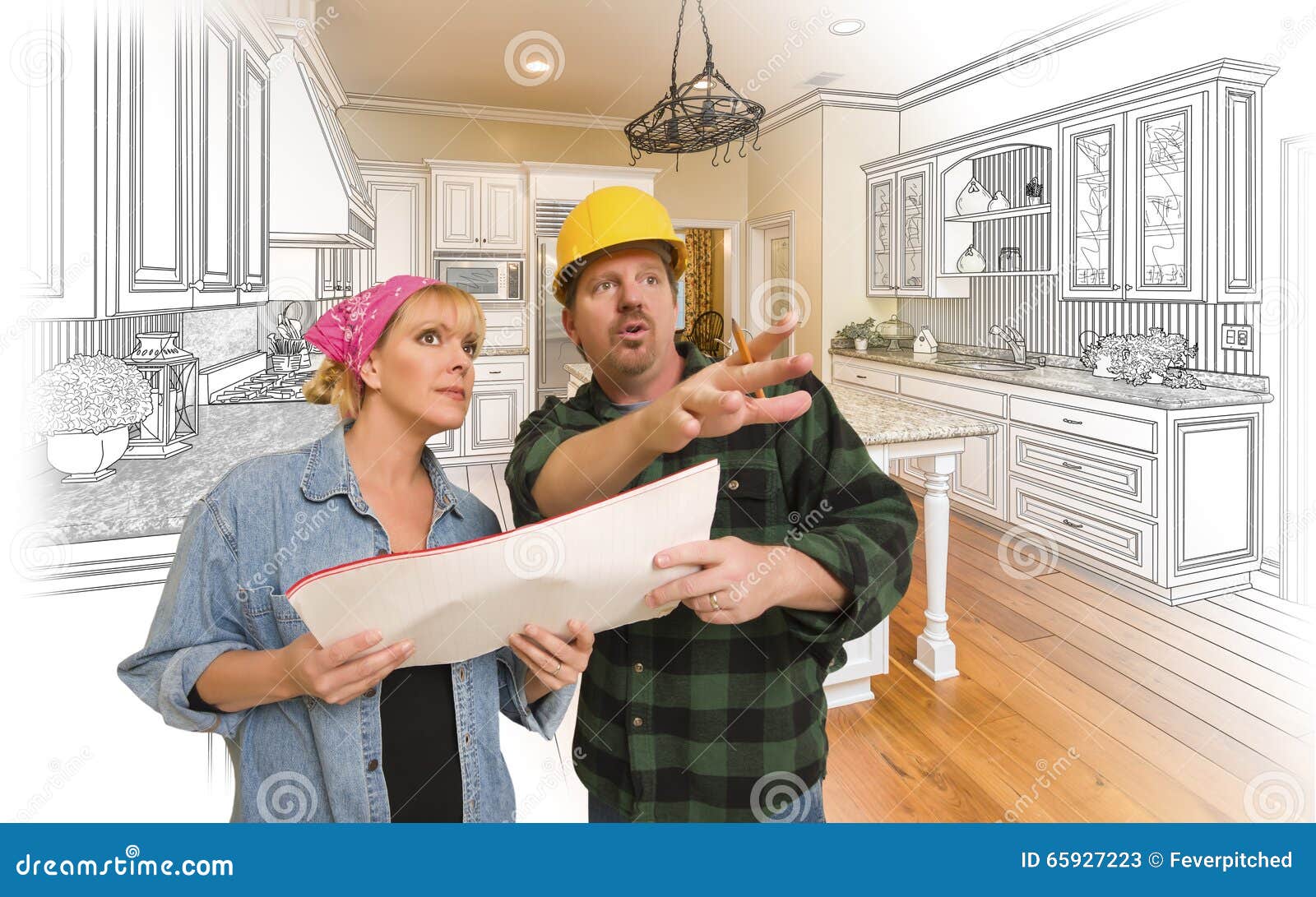 Contractor Talking with Customer Over Kitchen Drawing and Photo Stock ...