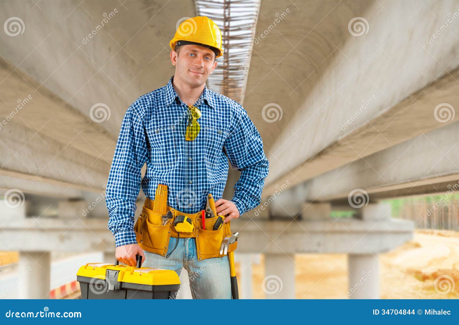 Bridge Contractor Pouring Concrete At Construction Site. Crane Work On ...
