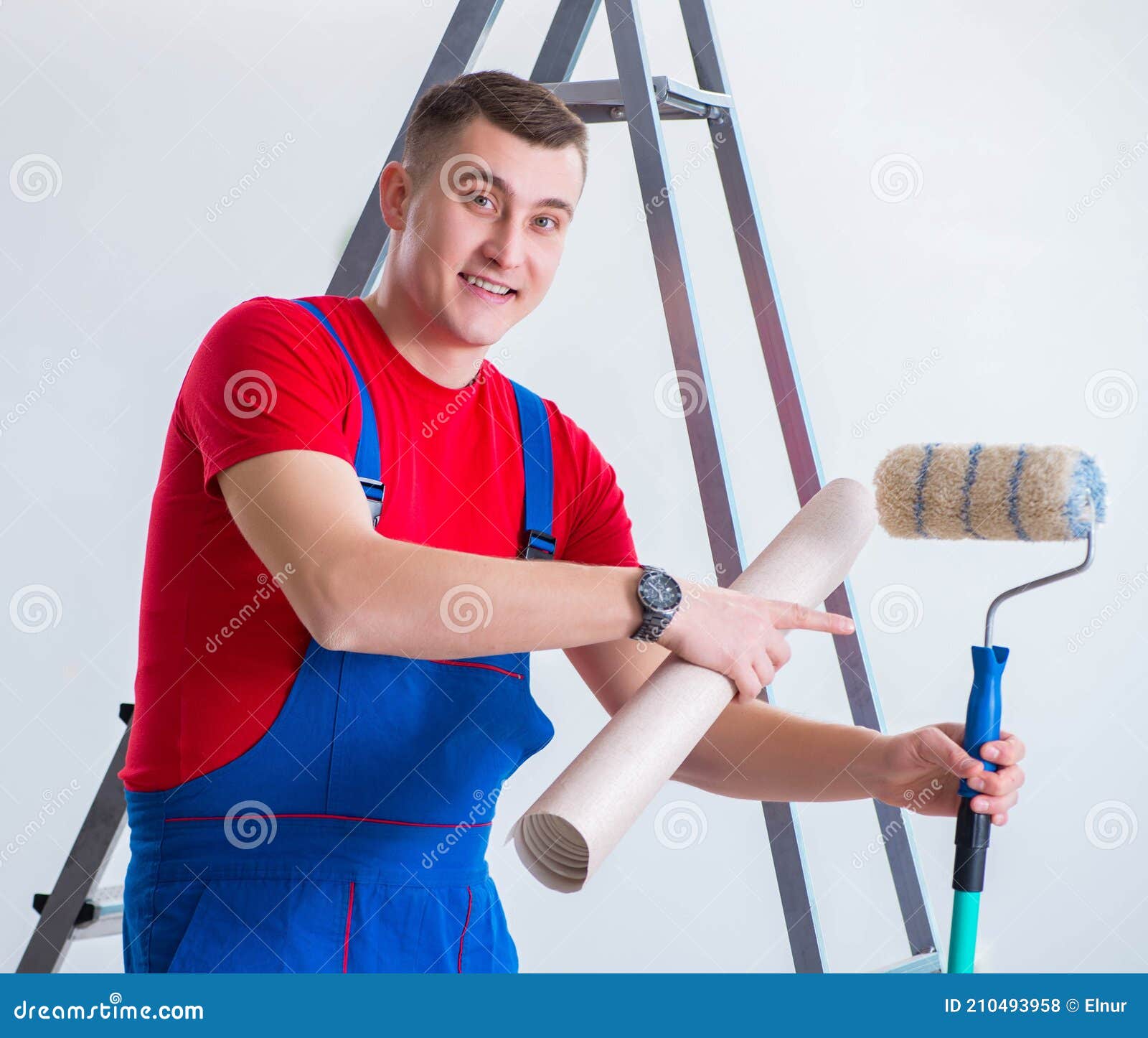 Contractor Worker Preparing for Wallpaper Decoration Stock Photo ...