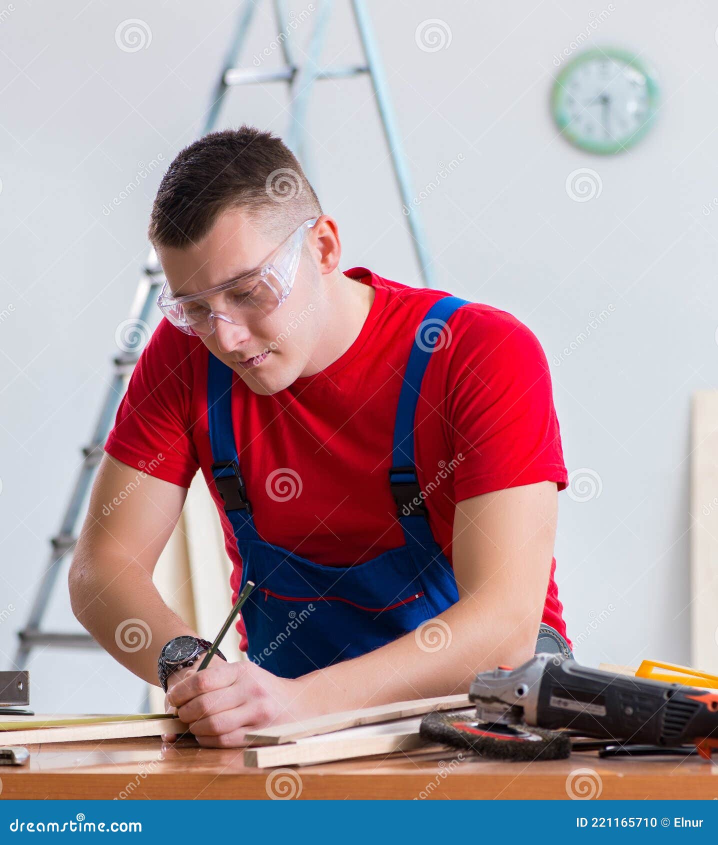 Contractor Working in the Workshop Stock Photo - Image of length ...