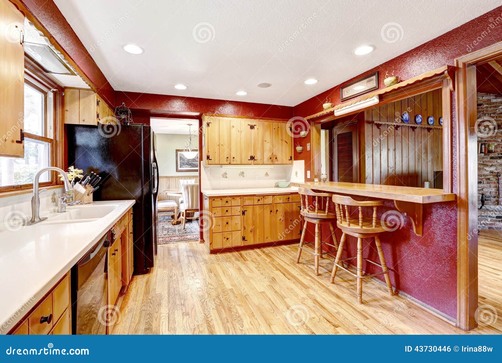 Contrast Colors Kitchen Room with Open Wall Stock Photo - Image of ...