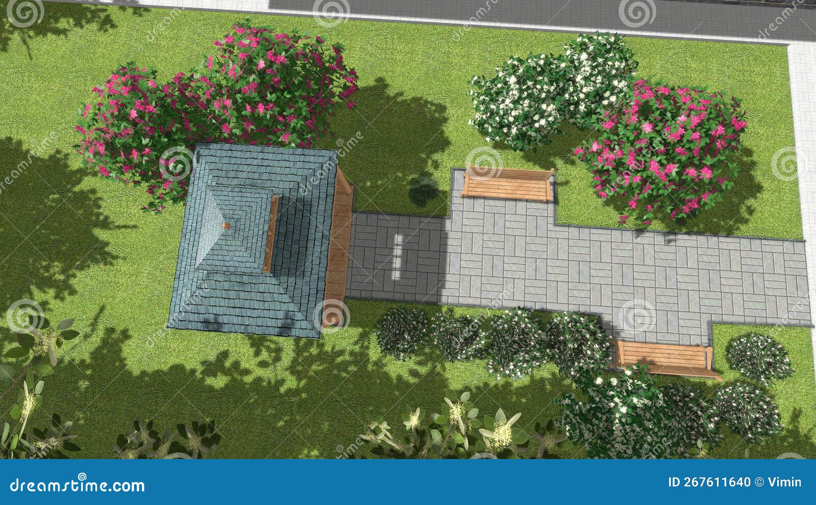 3D Illustration of Modern Patio Landscape Design. Computer ...