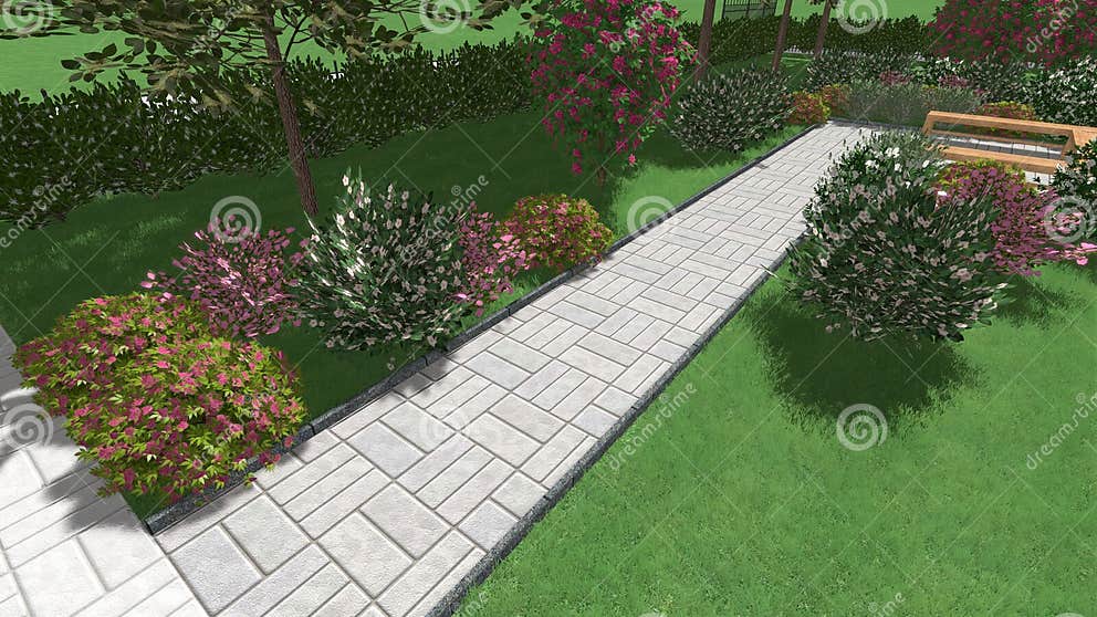 3D Illustration of Modern Patio Landscape Design. Computer ...