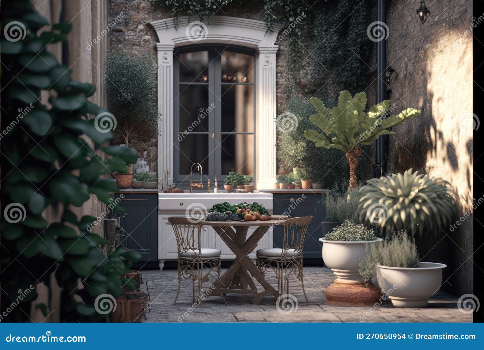 Contrasting Kitchen Styles in a Tuscan Courtyard. Generative Ai Stock ...