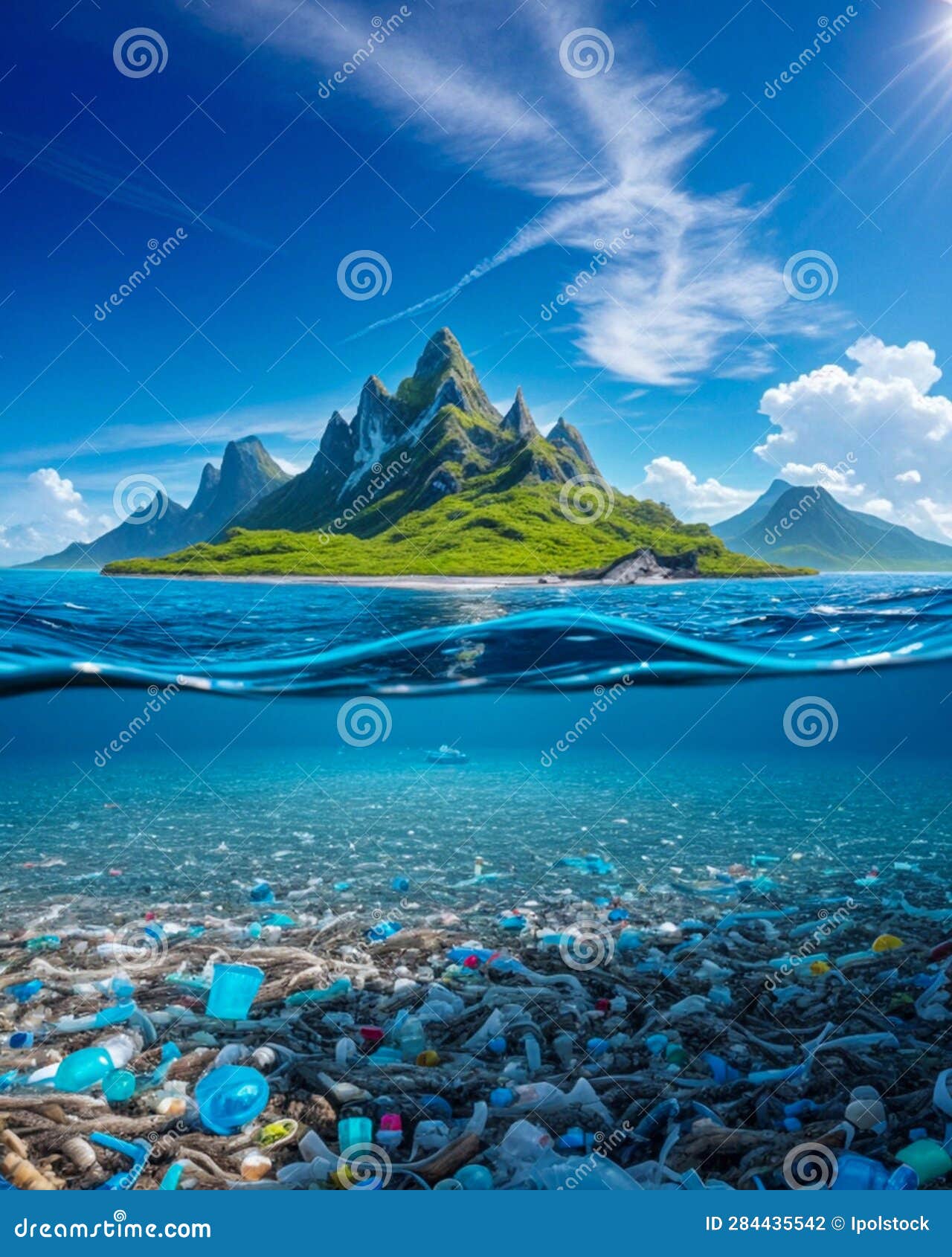 Contrasting Ocean Scene: Pristine Waters and Plastic Pollution Stock ...