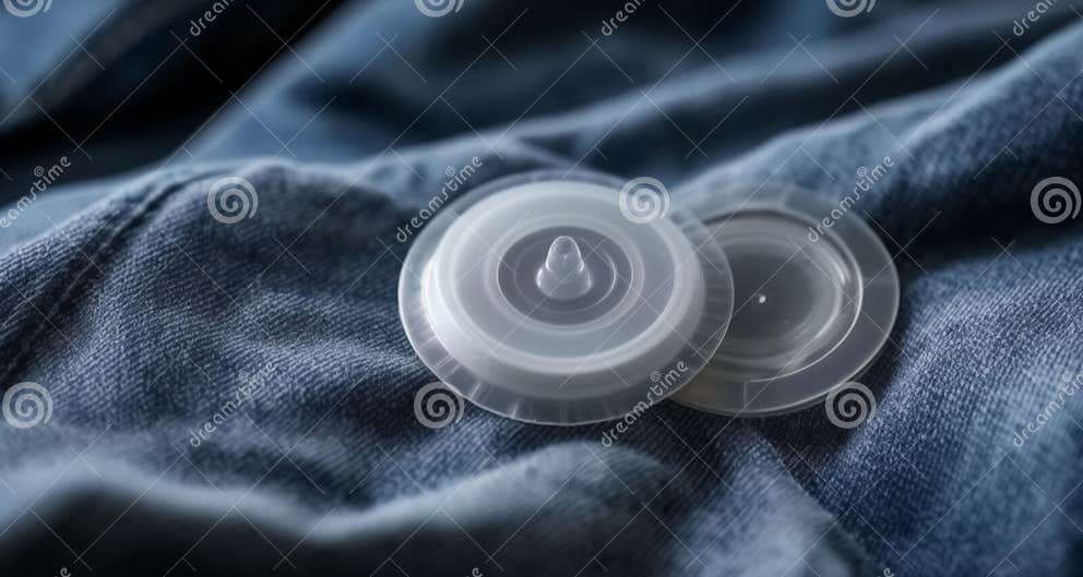 Contrasting Textures - Clear Plastic Lids on Denim Fabric Stock ...