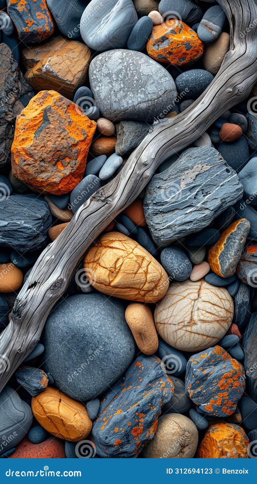 The Contrasting Textures of Smooth Pebbles and Rough Driftwood on a ...