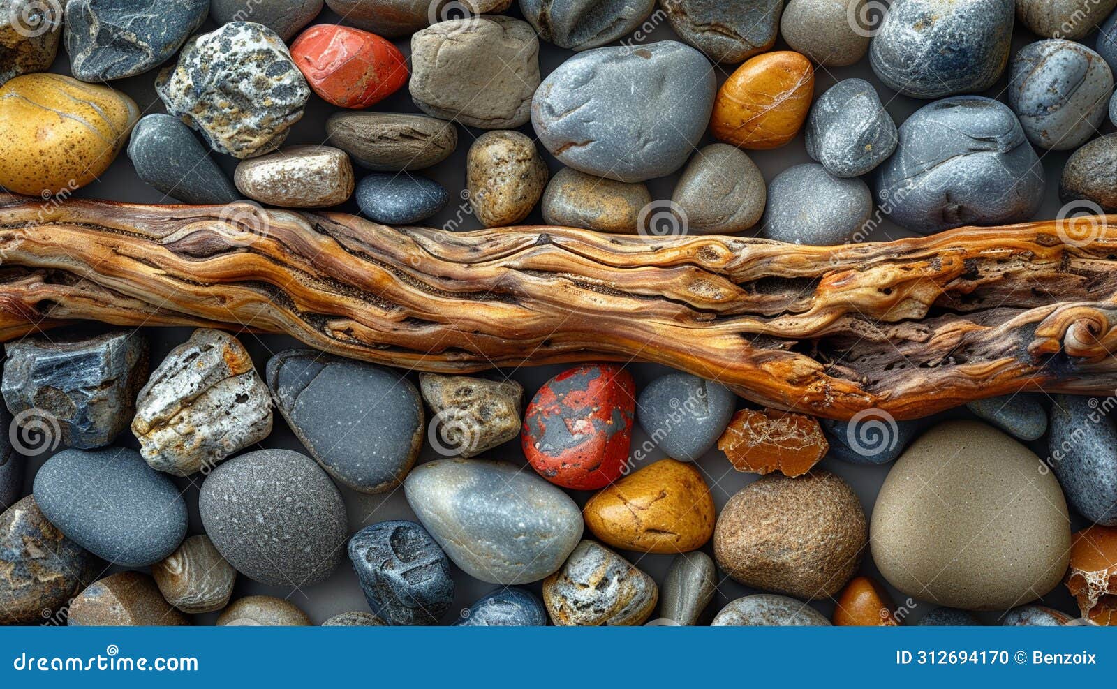 The Contrasting Textures of Smooth Pebbles and Rough Driftwood on a ...