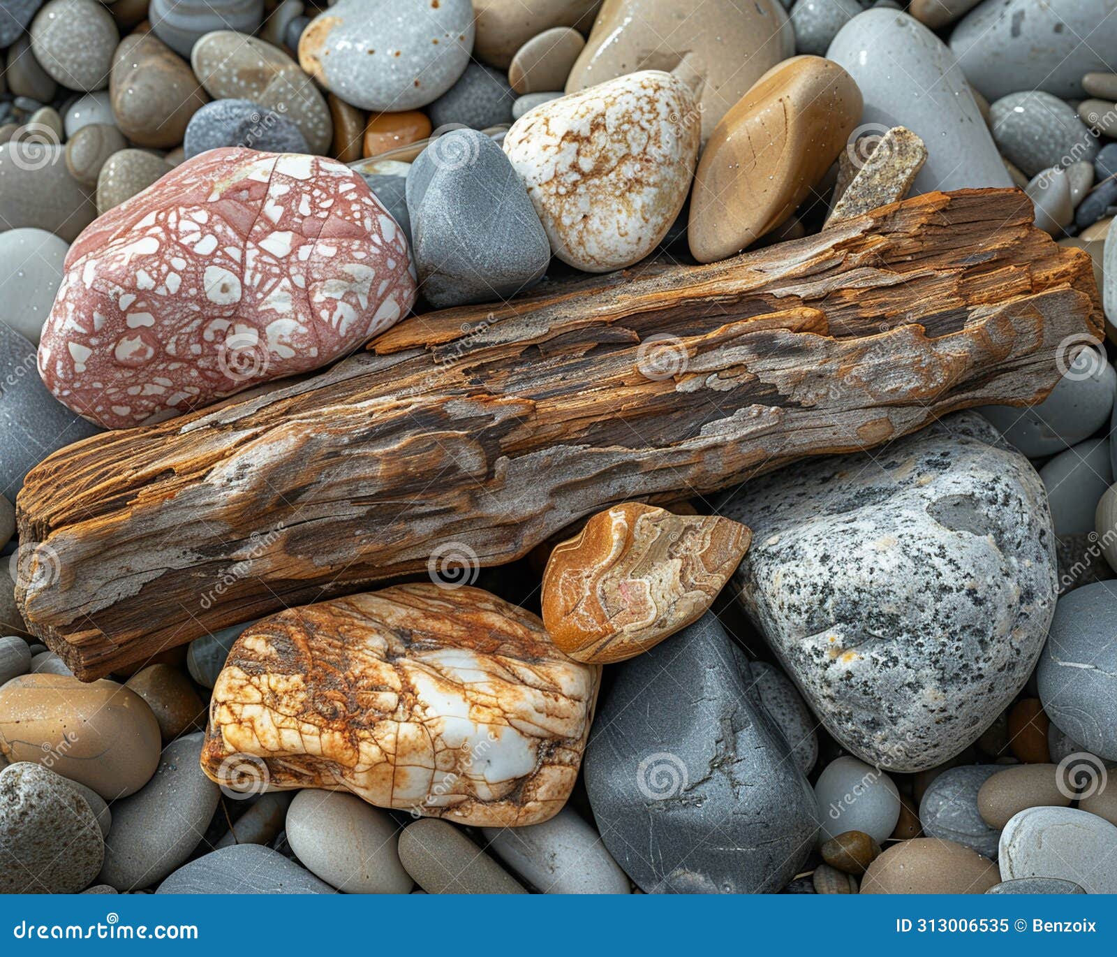 The Contrasting Textures of Smooth Pebbles and Rough Driftwood on a ...