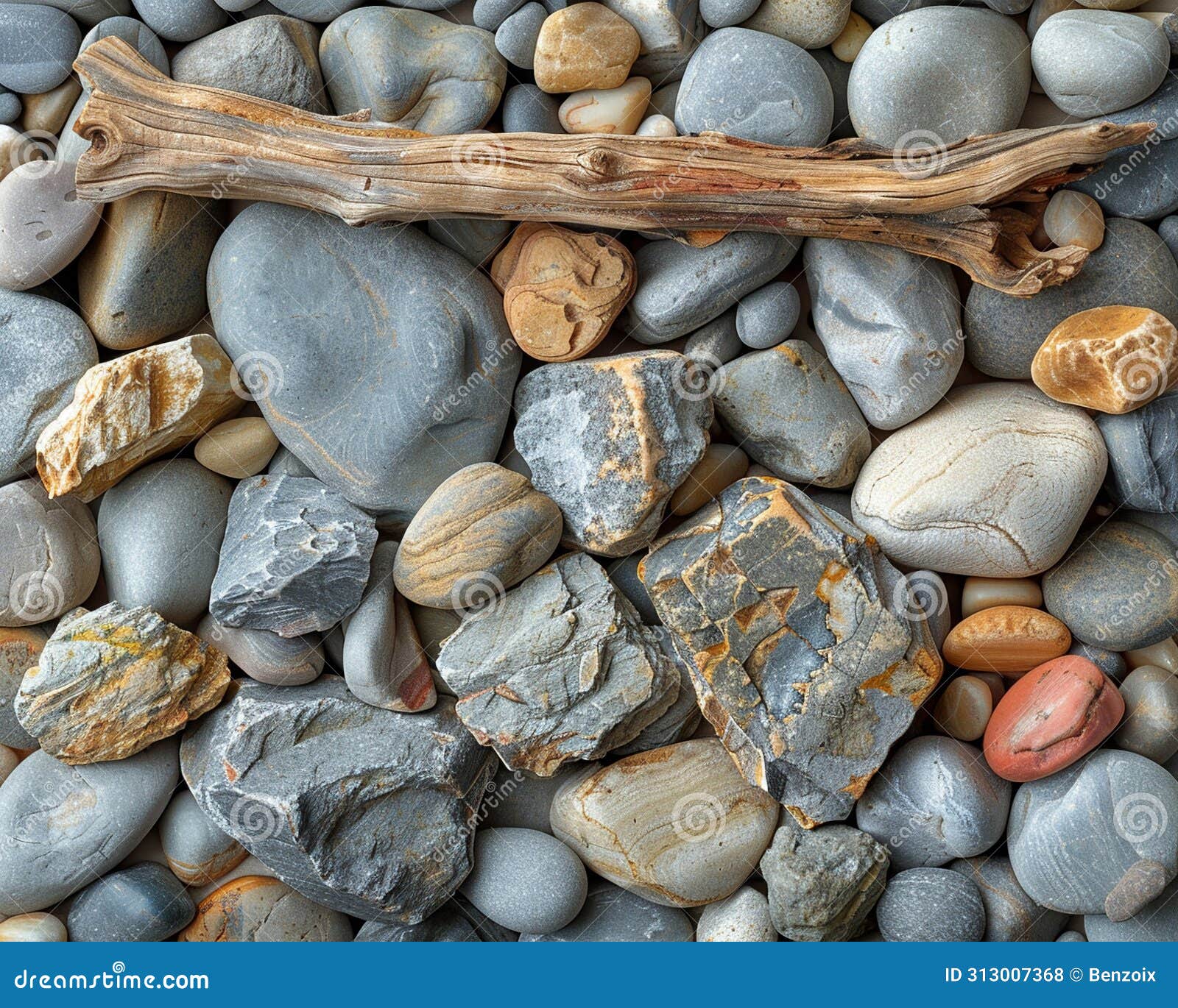 The Contrasting Textures of Smooth Pebbles and Rough Driftwood on a ...