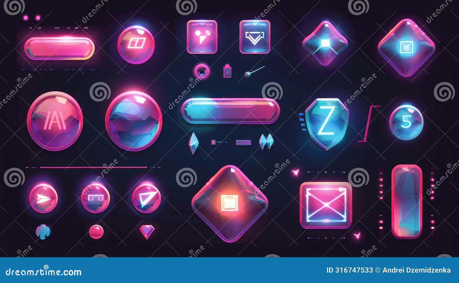 Control Buttons with Neon Backlight, Media Player Interface, Music Bar ...