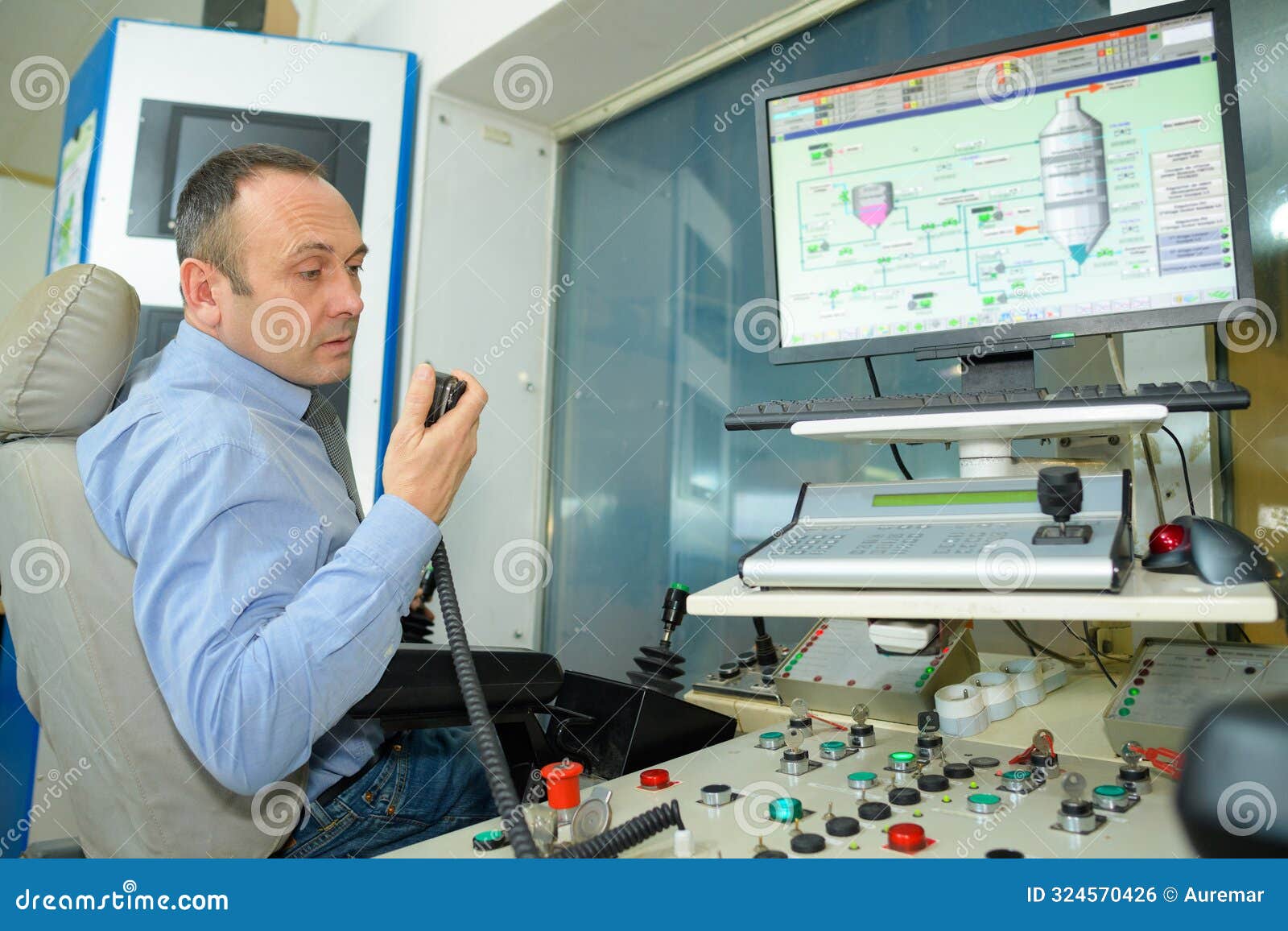 Control Center Worker Talking into Radio Receiver Stock Photo - Image ...