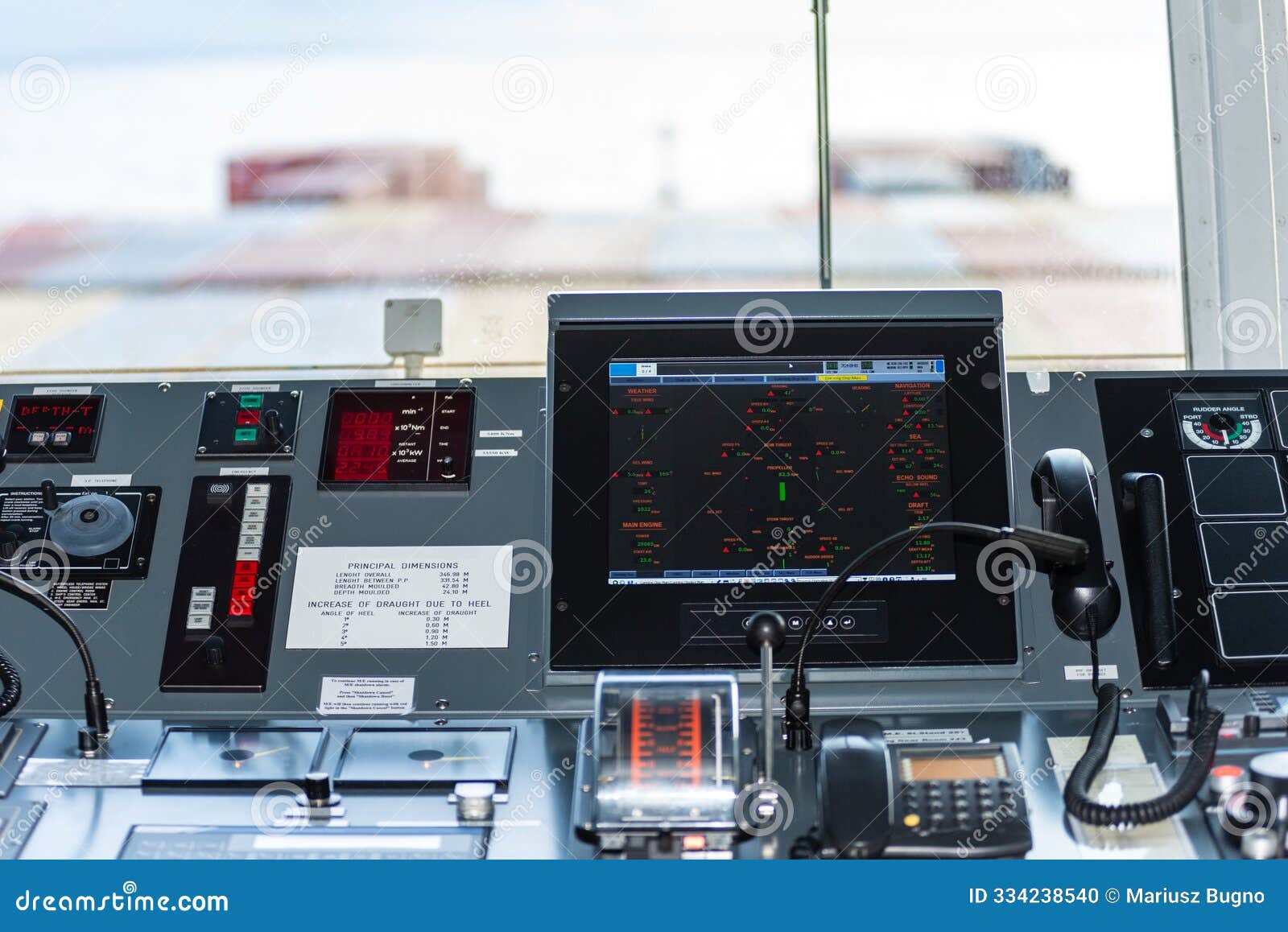 A Control Console Filled with Navigation Instruments Aboard a Large ...