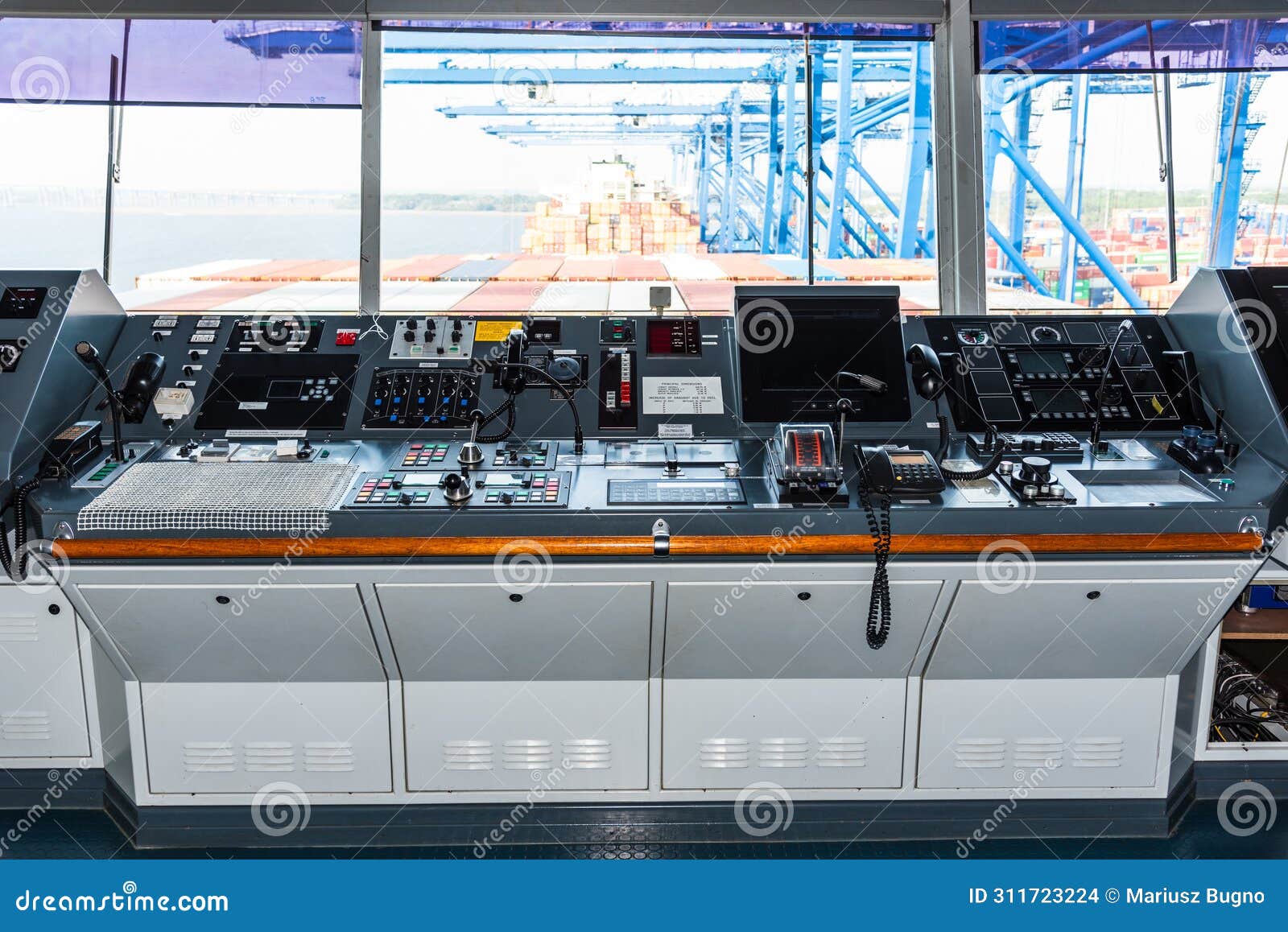 Control Console on the Navigational Bridge of the Cargo Ship. Stock ...