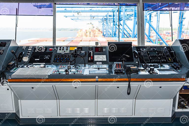 Control Console on the Navigational Bridge of the Cargo Ship. Stock ...