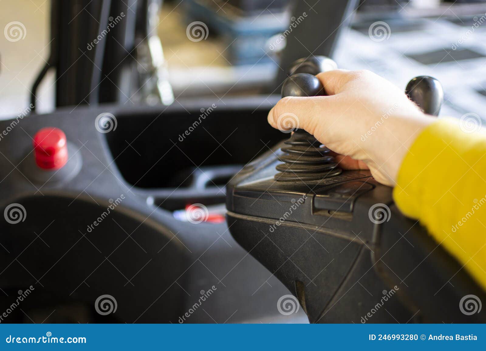 Control Joystick. Hand Rotates, Raises, Lowers. Red Emergency Button ...