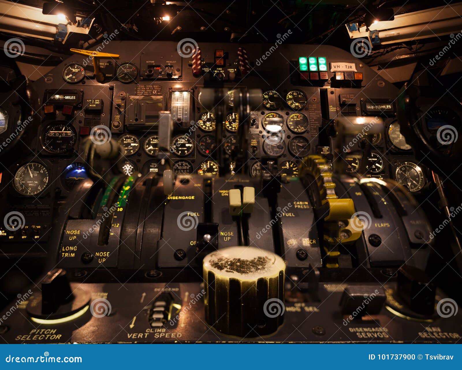 Control Knobs in Airplane Cockpit Closeup with Selective Focus. Stock ...