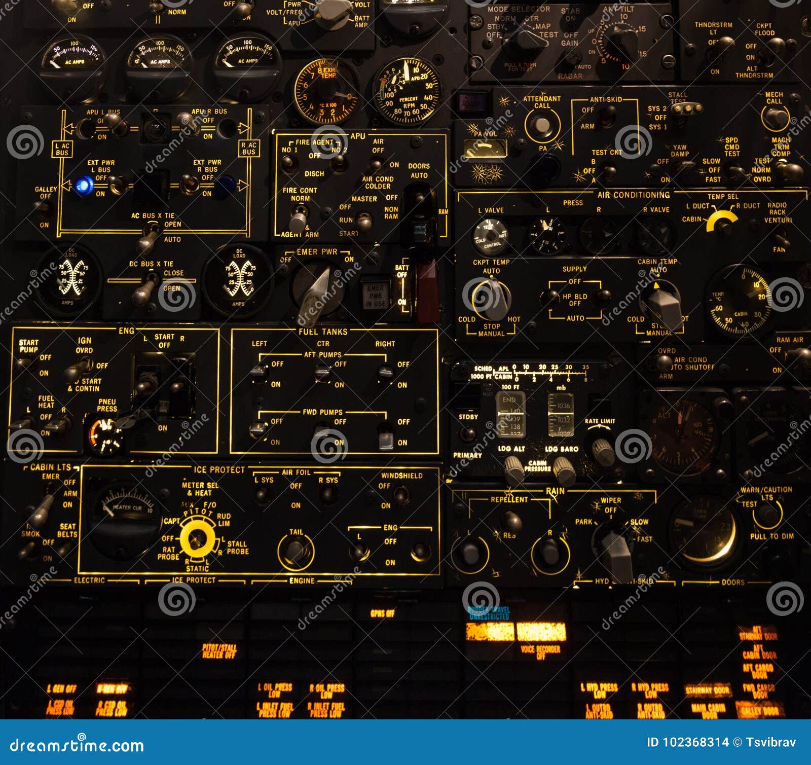 Control Levers and Switches with Backlighting. Airplane Cockpit Stock ...