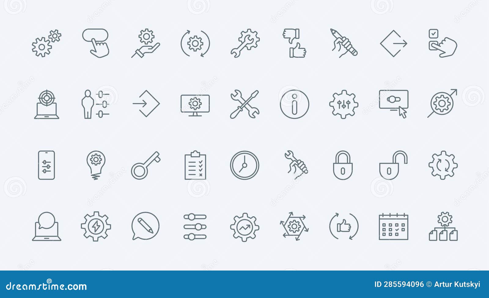 Control and Management of System Productivity Line Icons Set, Gears and ...